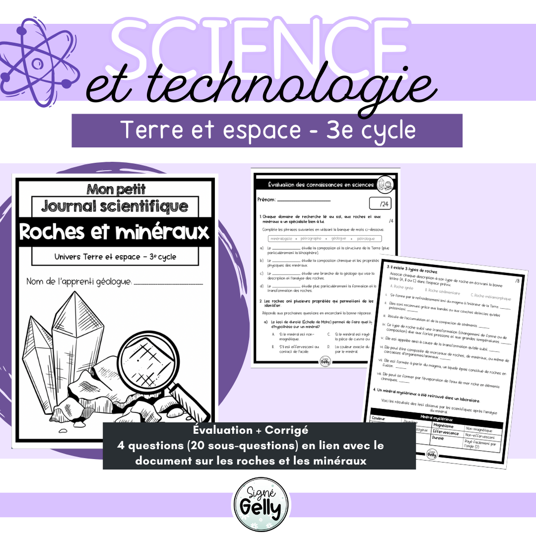 Évaluation sur les roches et minéraux – Signé Gelly